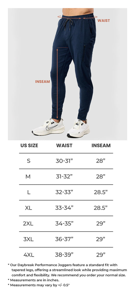 Daybreak Performance Joggers Size Chart – INTO THE AM